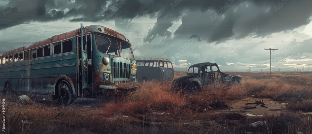 Abandoned vehicles rust in a desolate field under stormy skies, evoking ...
