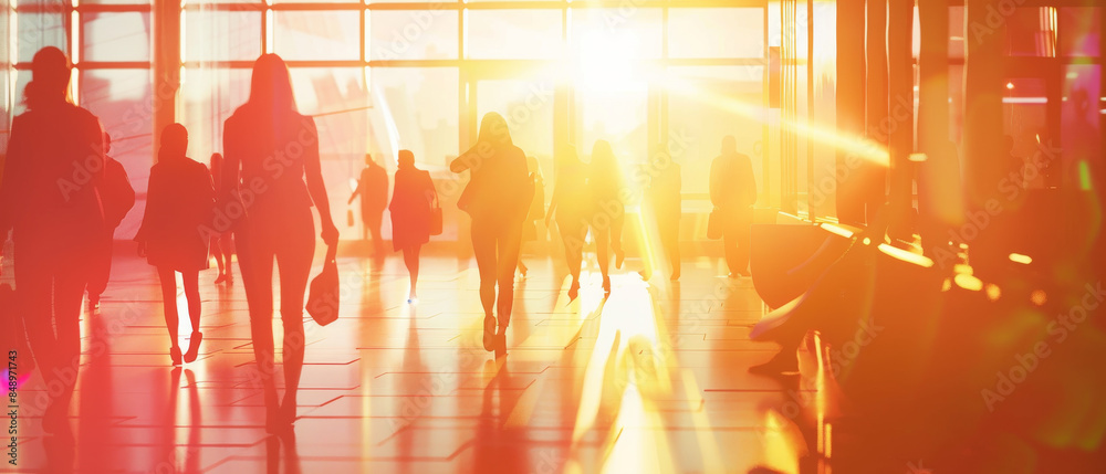 Blurred shapes of people walking purposefully through a modern station ...