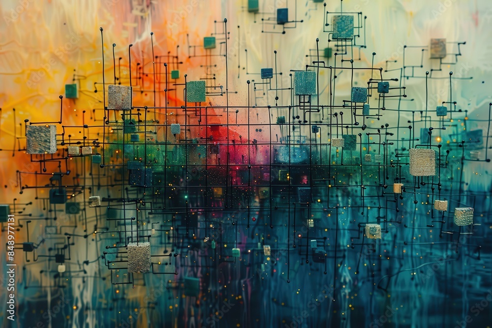 Abstract deep learning algorithm, layers of data and connections ...