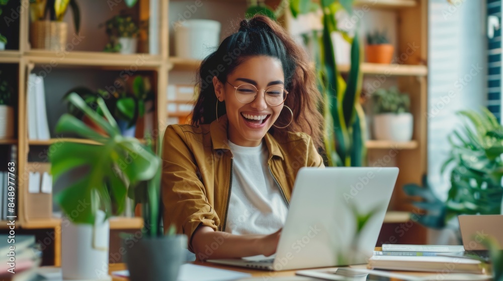 Happy young woman working from home, smiling and laughing during a ...