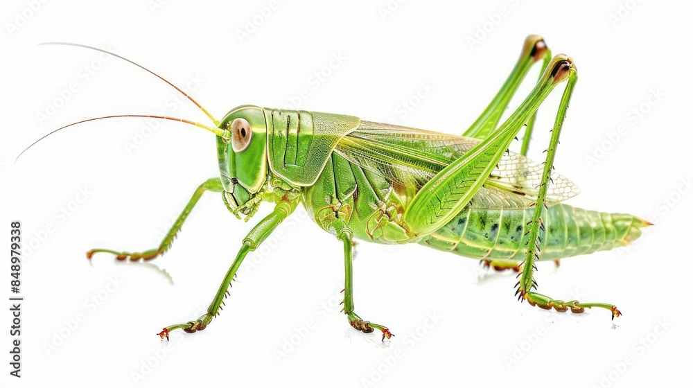 A green grasshopper with powerful hind legs and detailed exoskeleton ...