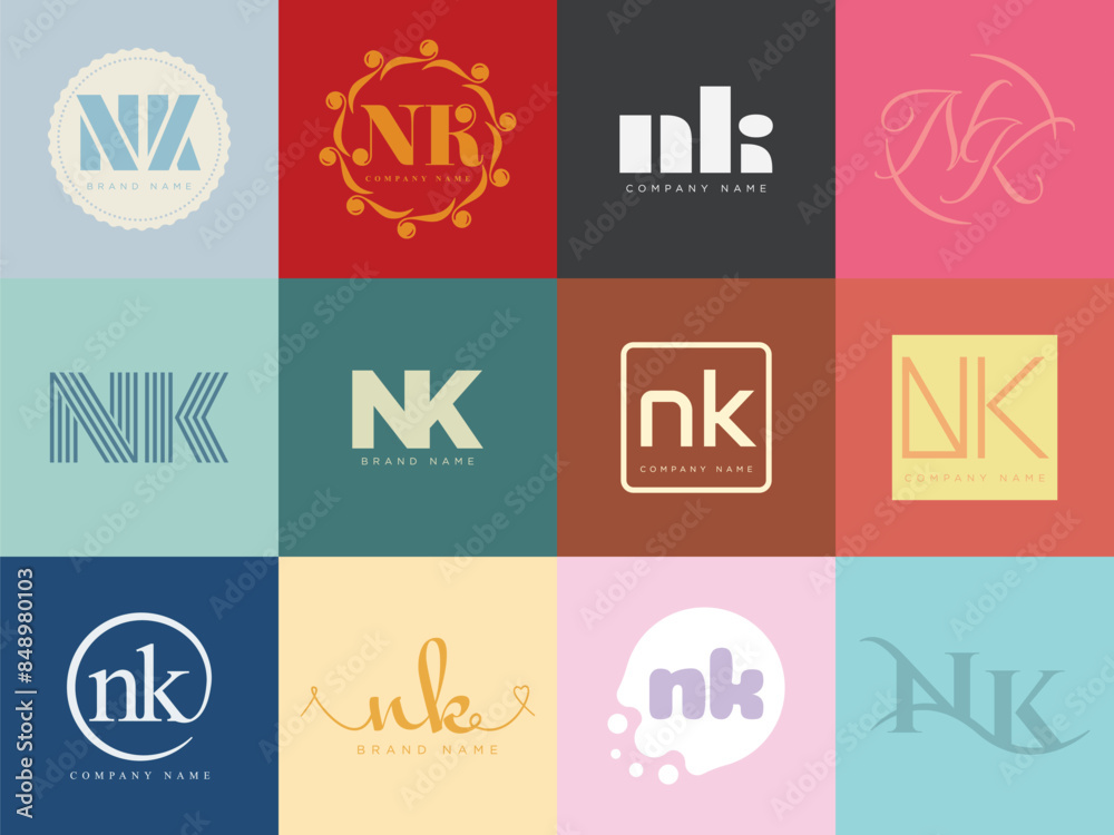 NK logo company template. Letter n and k logotype. Set different ...