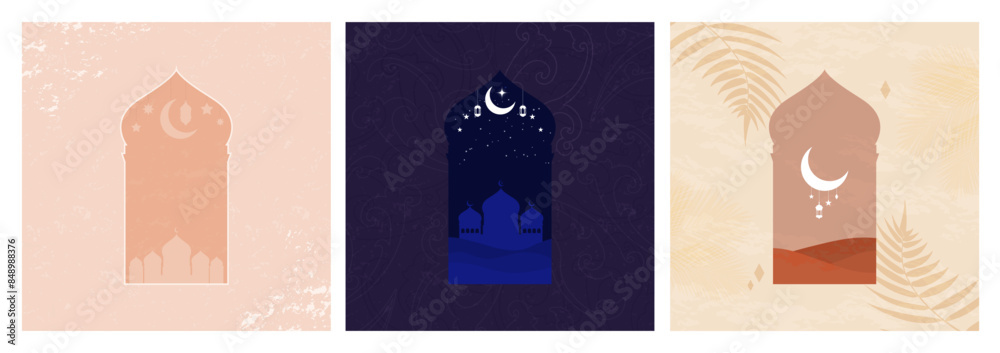 Minimalist Arabic Artwork Designs with crescent moon and mosque ...