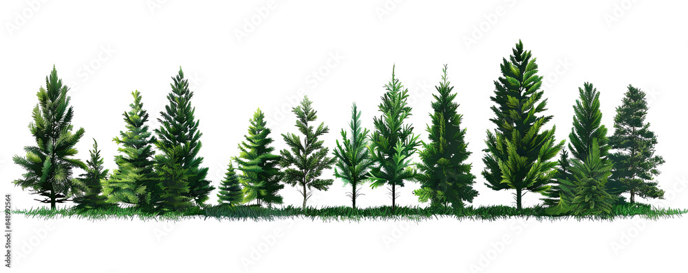 Artistic depiction of various evergreen trees, creating a natural and ...