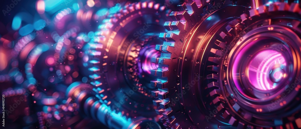 Bright neon gear against a dark backdrop, highlighting intricate ...