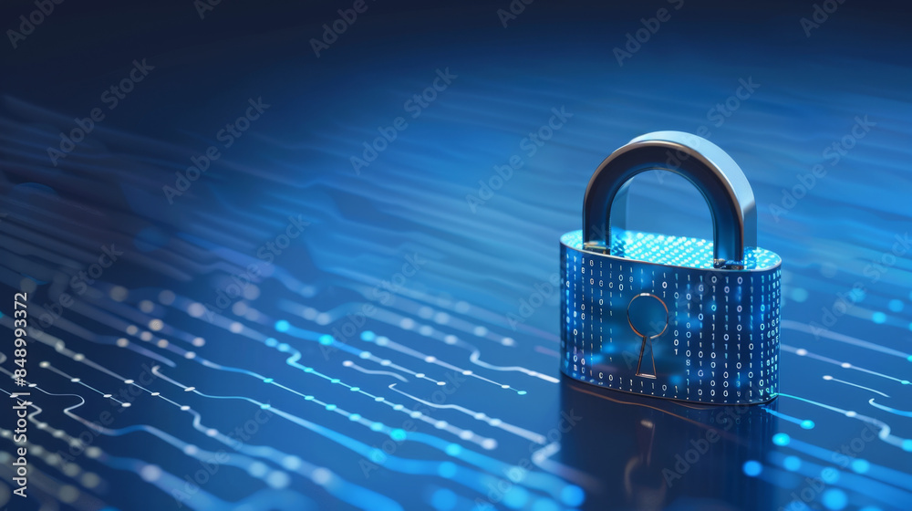 Digital padlock on blue background with binary code symbolizing cyber ...