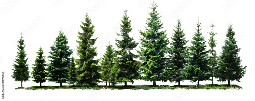 Artistic depiction of various evergreen trees, creating a natural and ...