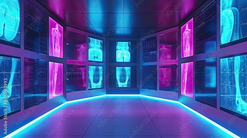 concept of augmented reality many screens x-ray MRIs scanning analysis ...