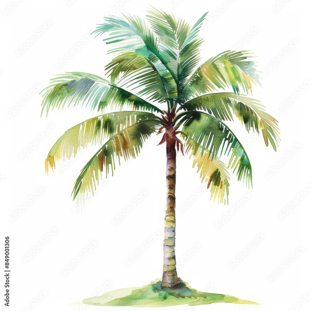 Vibrant watercolor clipart of a single tropical palm tree isolated on a ...