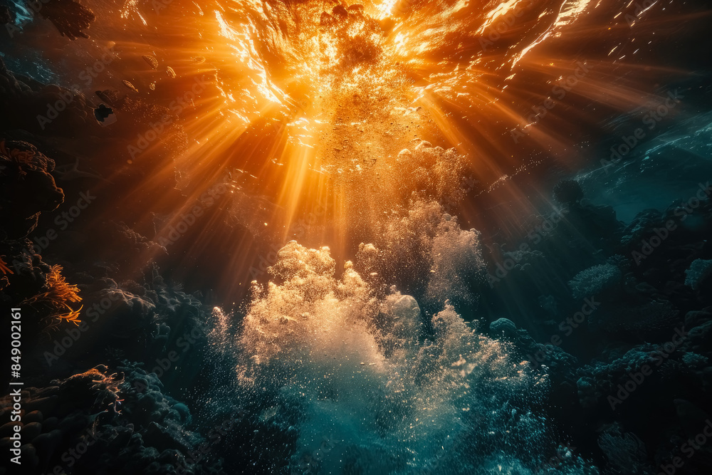 Surreal nuclear explosion underwater. A bright burst of energy beneath ...