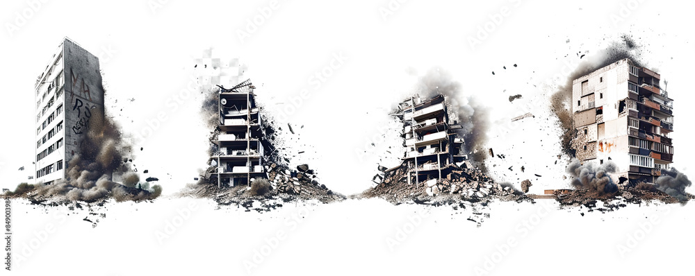 Crumbling buildings with debris and dust clouds, depicting urban ...