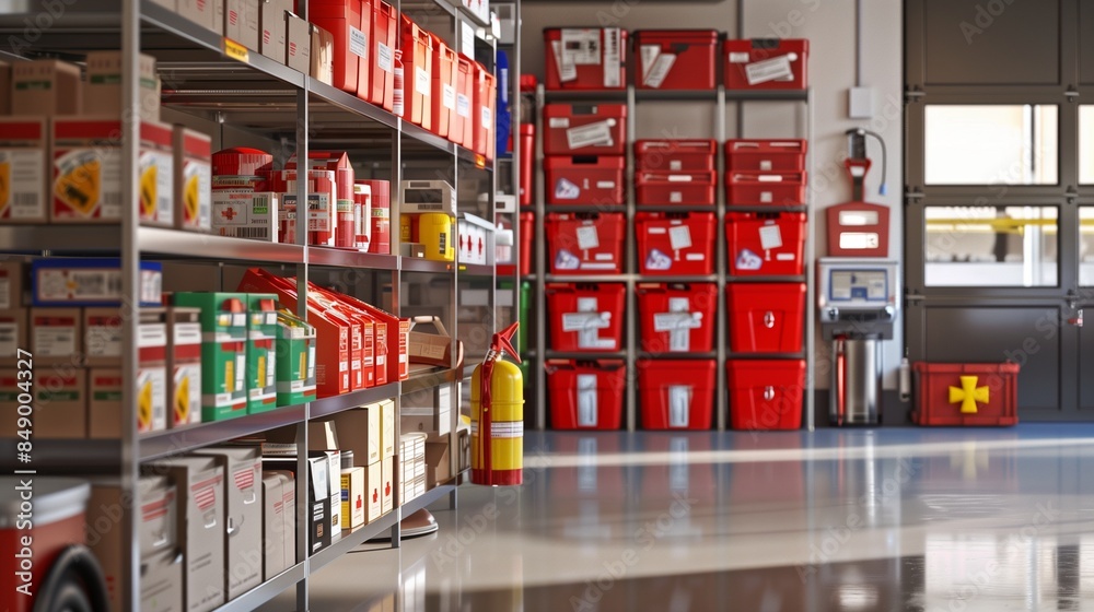 A workplace first aid station equipped with multiple first aid kits ...
