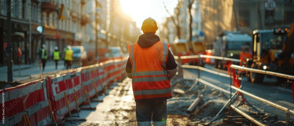 Construction worker setting up a safety barrier around a construction ...