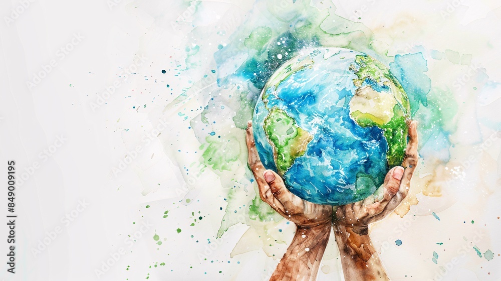 Abstract watercolor hands holding planet Earth on a white background ...