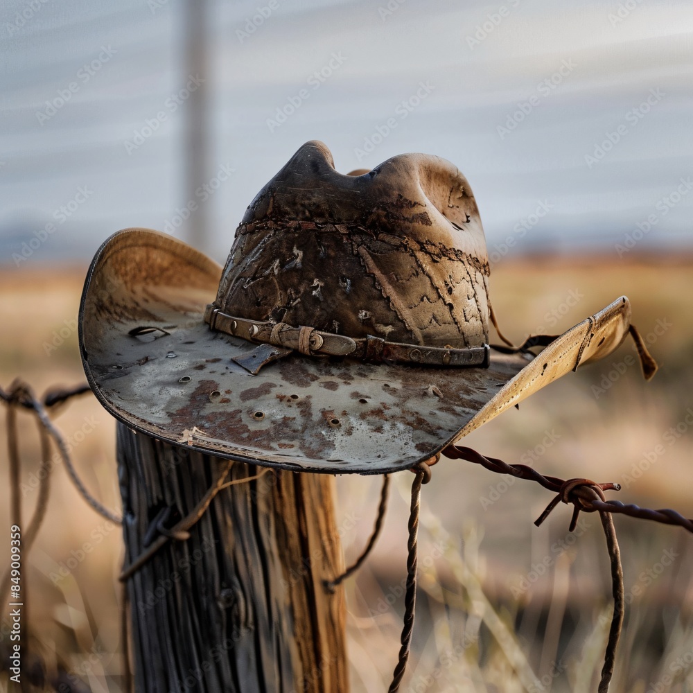 Weathered Cowboy Hat on Stampede Fence Post, Evoking History and Tradition Stock Photo | Adobe Stock