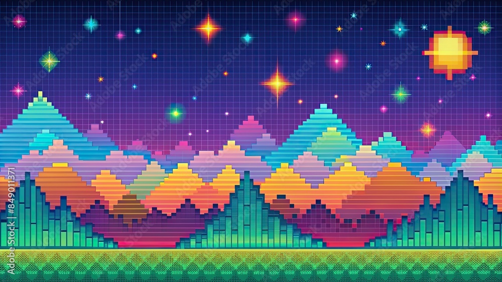 Pixel art background with vibrant colors and retro video game vibes ...