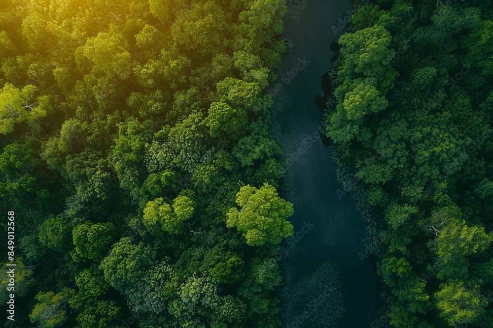 River in the forest. Aerial view of a protected nature reserve ...