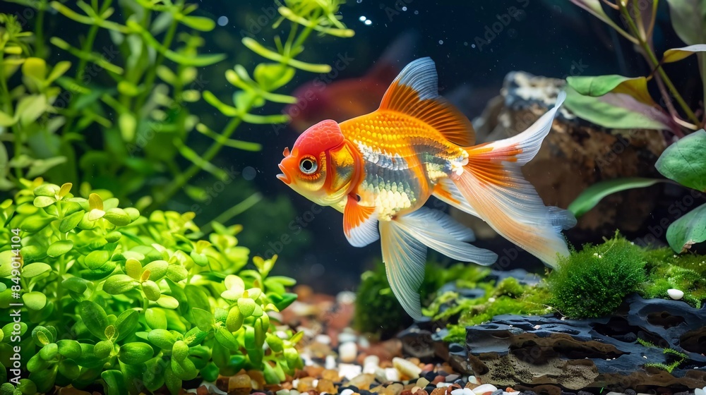 Orange oranda goldfish in aquarium with green tropical plants ...