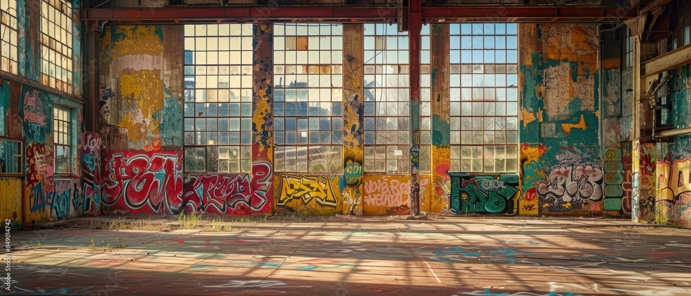 Graffiti art on an old factory wall, vibrant colors and industrial ...