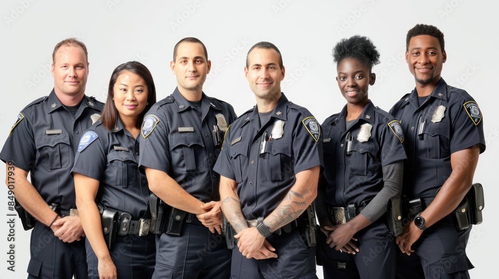 A diverse team of male and female police officers standing side by side ...