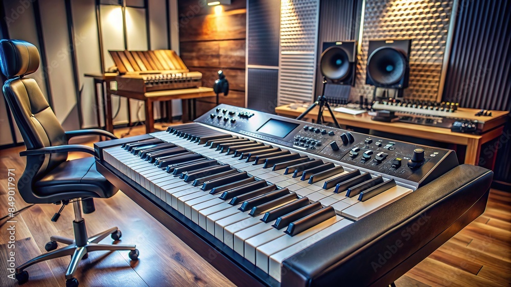 Recording studio setup with synthesizer and remote control, Synthesizer ...
