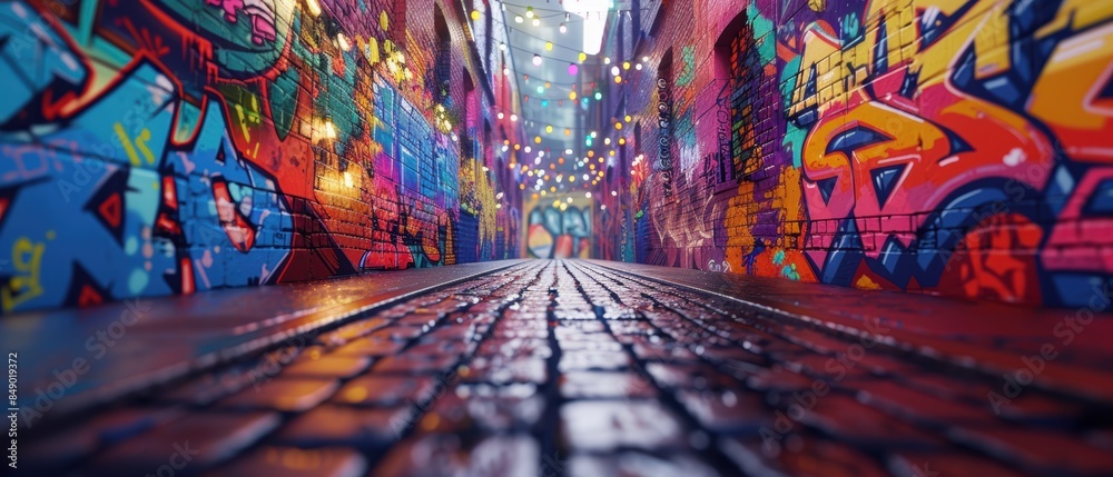 Graffiticovered alleyway with colorful murals and street art ...