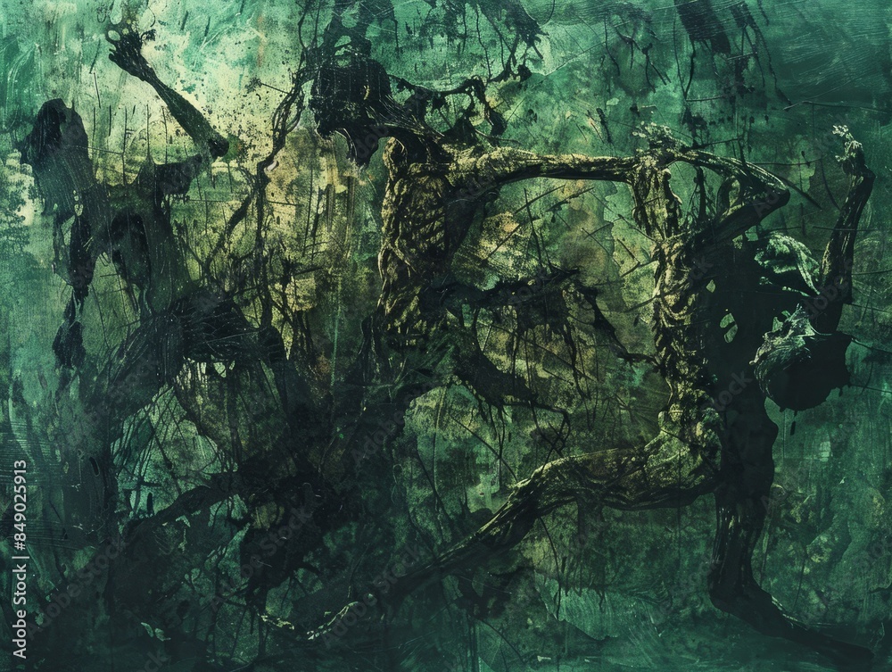 A grotesque amalgamation of human and animal forms, twisted and ...