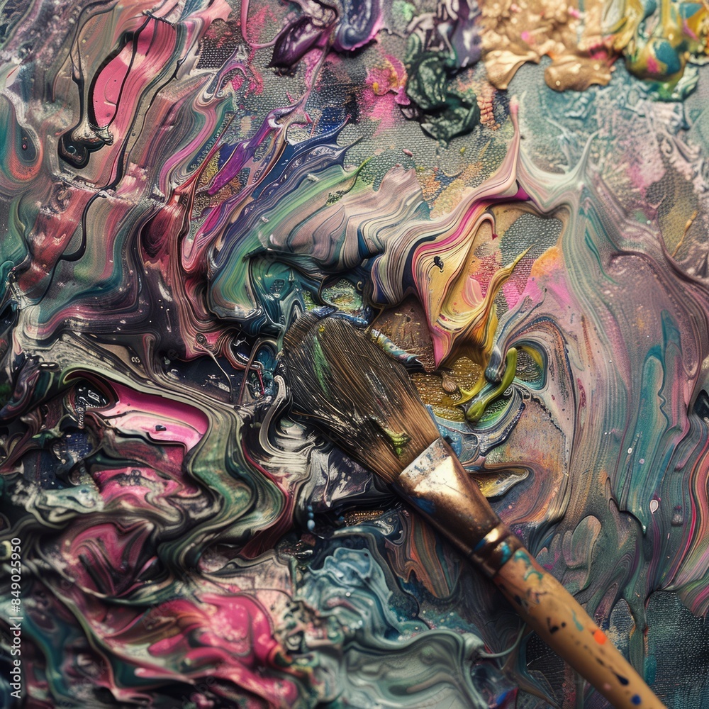 paintbrush submerged in a pool of thick, congealed paint, the colors ...