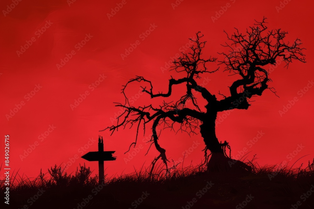 lone, skeletal tree against a blood-red sky. The tree's branches twist ...