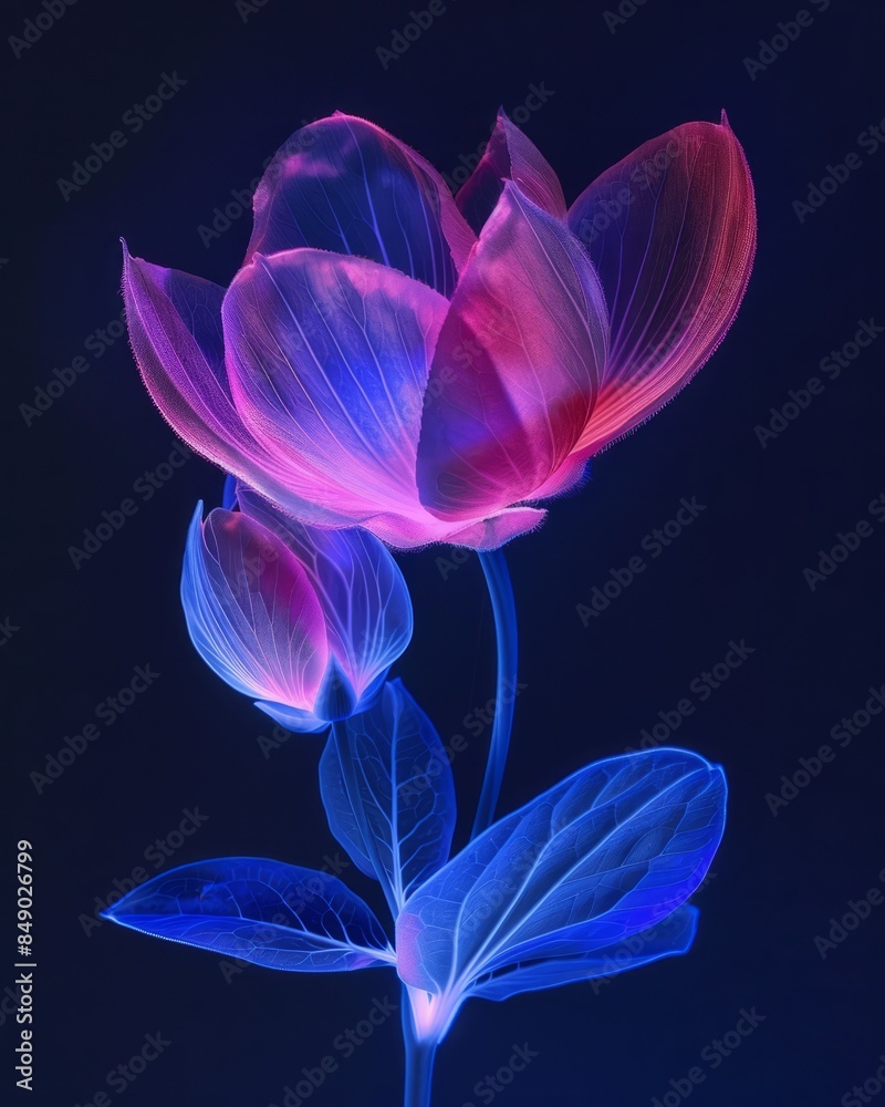 delicate flower illuminated by the soft glow of a UV lamp. The petals ...