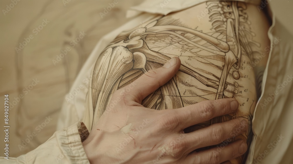 man hand gently touching a woman's shoulder, with detailed anatomical ...