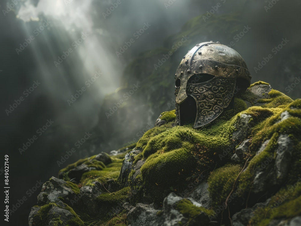 weathered Viking helmet resting on a moss-covered rock, with a single ...