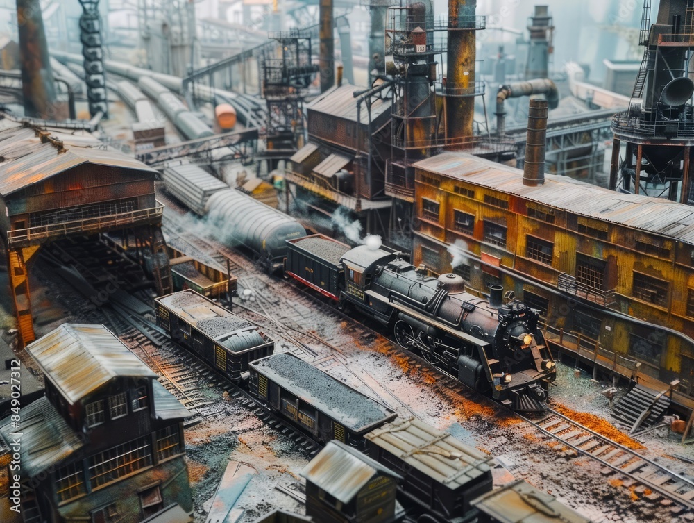 A detailed model train layout depicting an industrial era scene. The ...