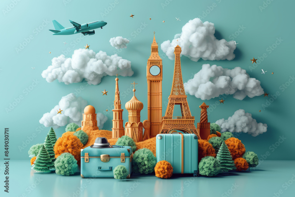 Cute 3D illustration showing a travel theme with famous landmarks ...