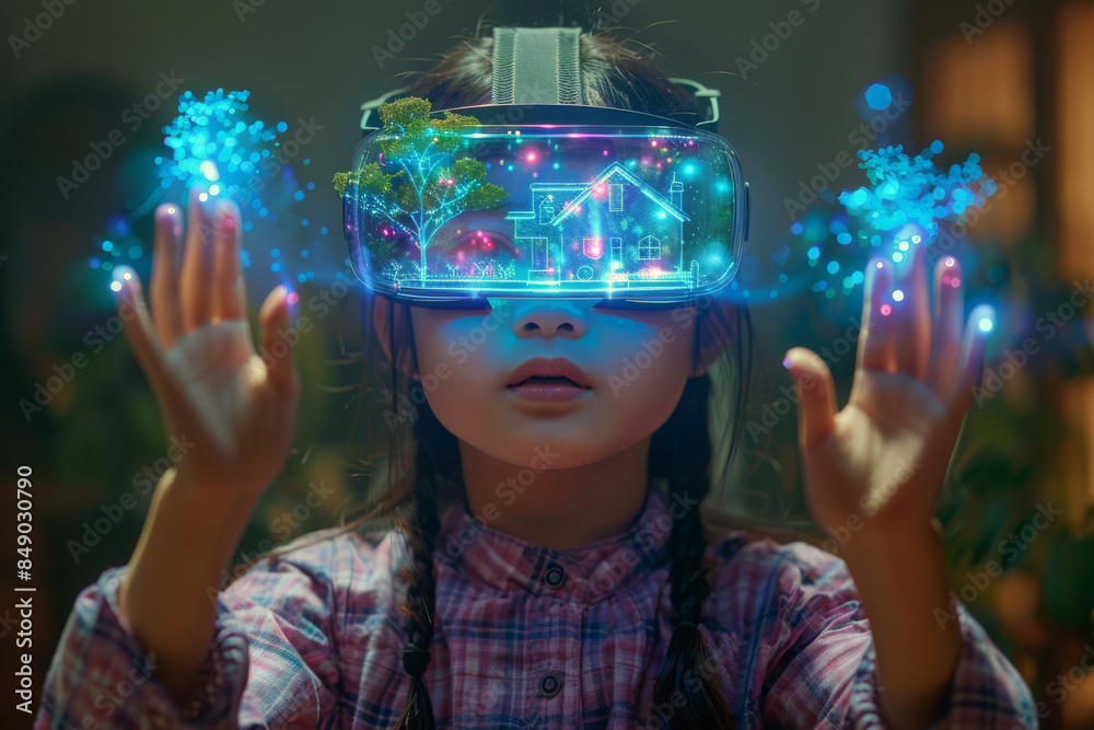 Wearing VR glasses, a girl extends her hand toward a holographic home and trees in a virtual ...