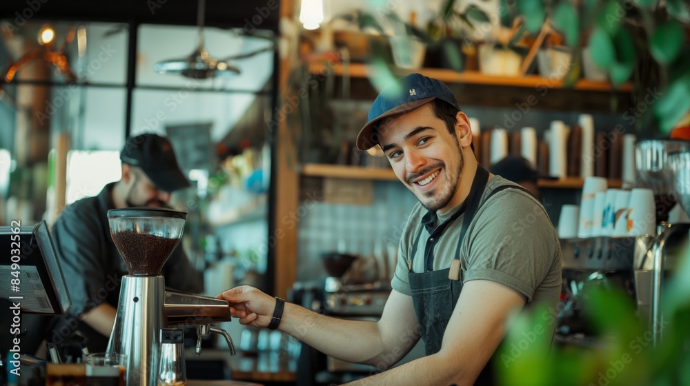 smiling Barista man making coffee at coffee shop, People at work happy ...