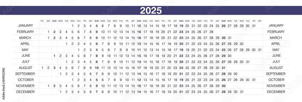 Calendar for the year 2025. Linear horizontal planner for the year ...