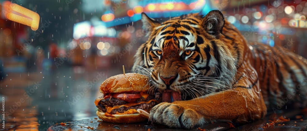 Tiger biting into a burger at a carnival Stock Photo | Adobe Stock