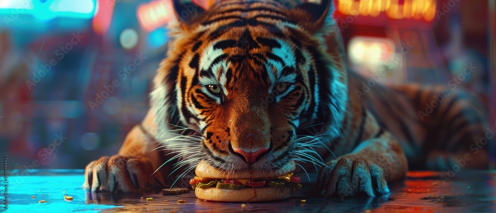 Tiger biting into a burger at a carnival Stock Photo | Adobe Stock