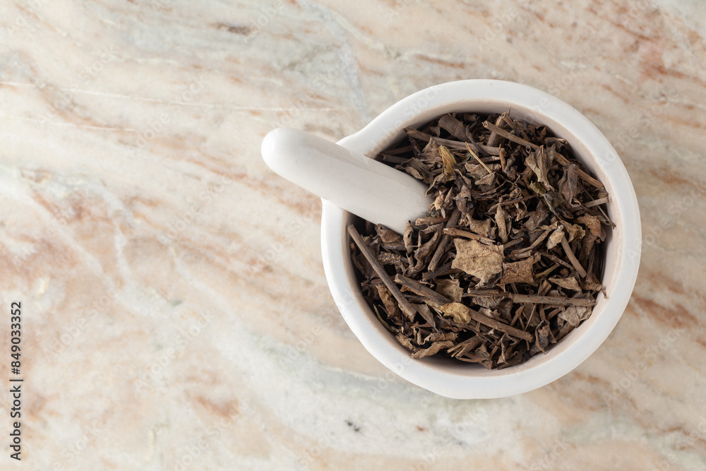 Top-view of Dry Organic Punarnava (Boerhavia diffusa) roots and leaves ...