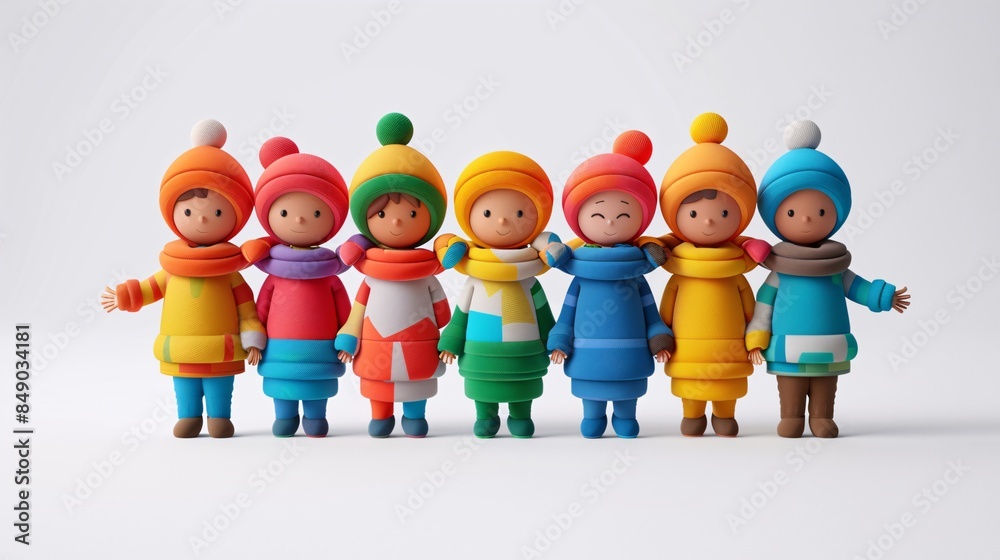 A diverse group of animated characters in colorful clothing, holding ...