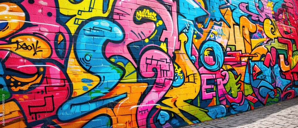 Vibrant graffiti letters and characters on a large wall, highresolution ...