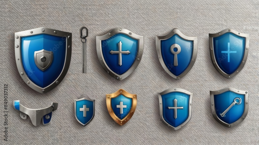 A realistic set of blue security shield icons, isolated on a ...