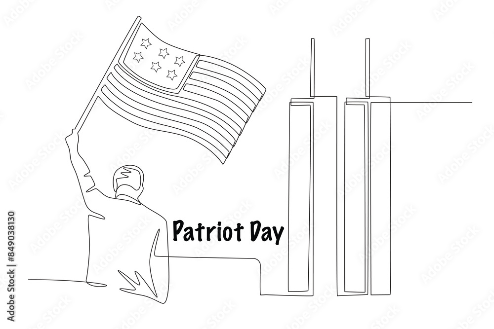 Man waving an American flag rear view and the twin towers of the World ...