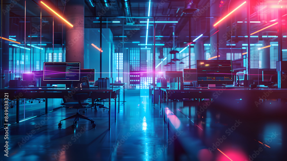Modern neon cyberpunk open space office interior blurred with ...