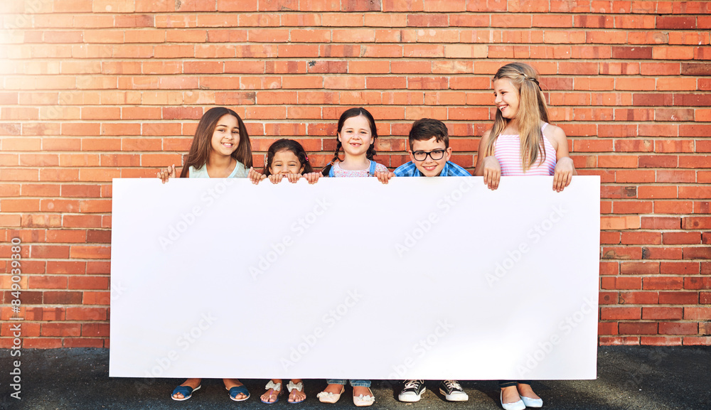 Children, wall and outdoor with sign board in smile or fun for ...