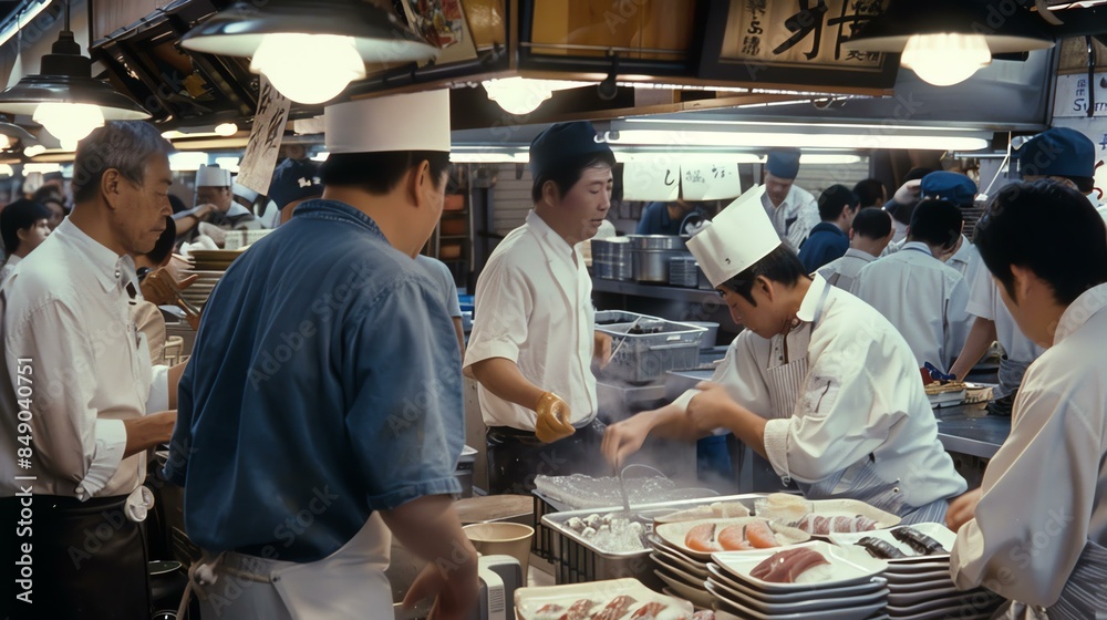 Foto de Behind the scenes of a busy restaurant kitchen, chefs in white ...
