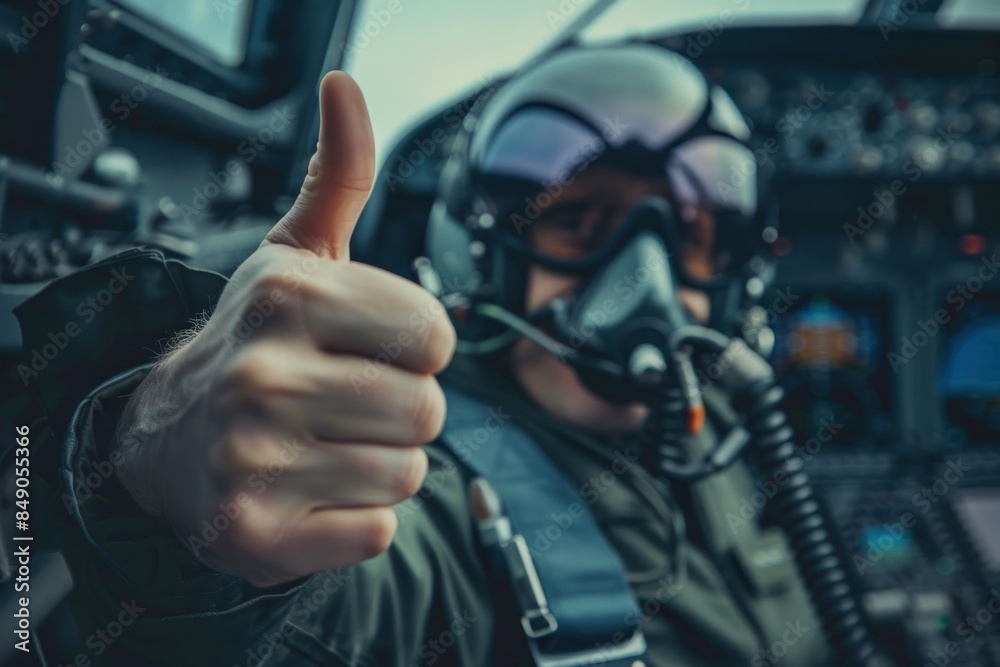 Pilot giving a thumbs-up in a cockpit, indicating approval and ...
