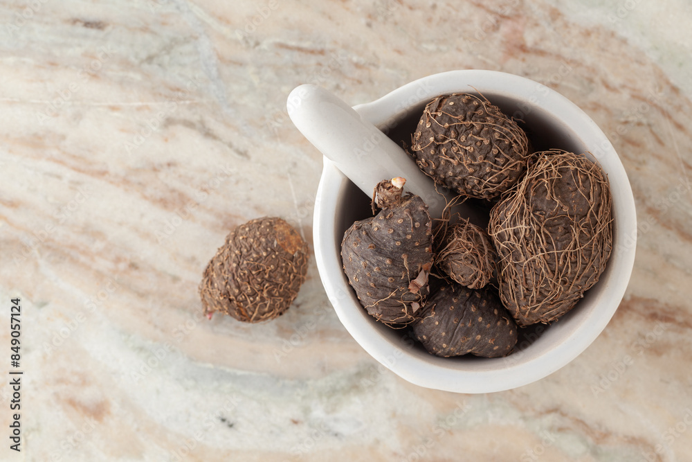 Top-view of Dry Organic Varahikanda (Dioscorea bulbifera) fruit, in ...