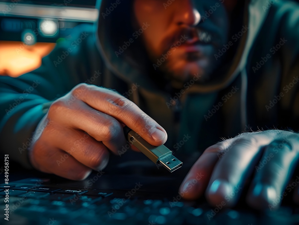 Hacker Plugging USB Stick into Computer Symbolizing Cybercrime and Data ...